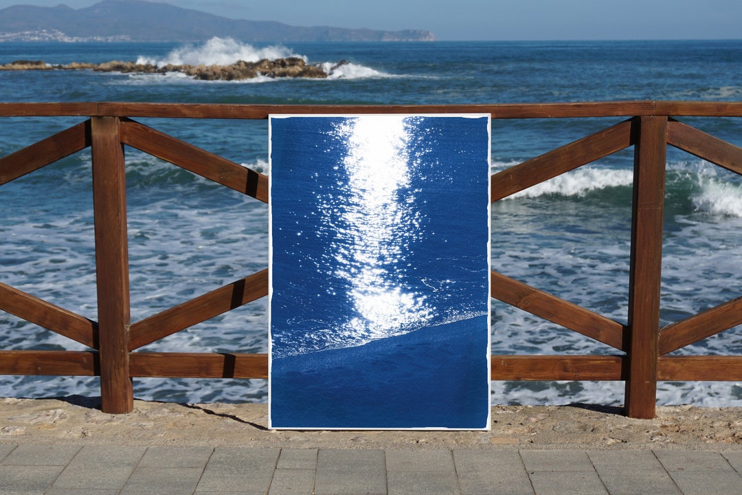 2021, Nautical Cyanotype of Dark Beach Sunrise, Blue and White Seascape ...