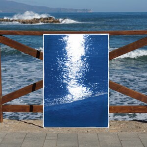 2021, Nautical Cyanotype of Dark Beach Sunrise, Blue and White Seascape ...