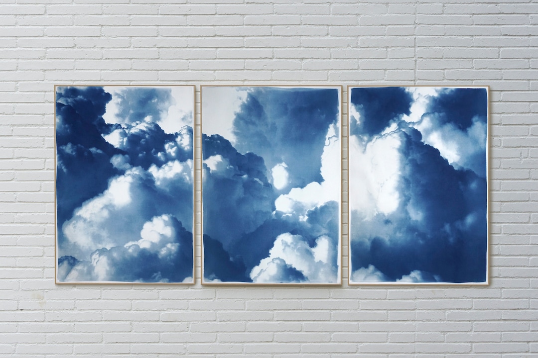 Blue Clouds Cyanotype Triptych, Large Watercolor Paper Print, Limited ...