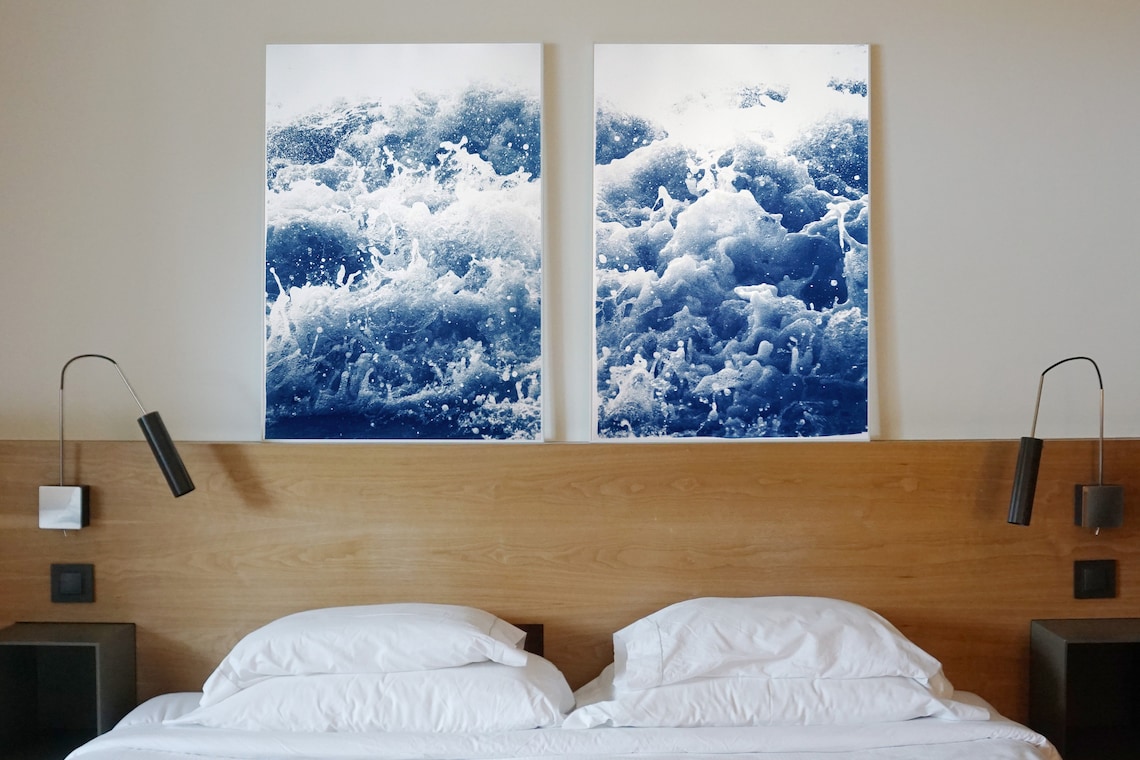 Blue Wave Cyanotype Print Diptych, Tidal Storm Art, Handmade Watercolor ...