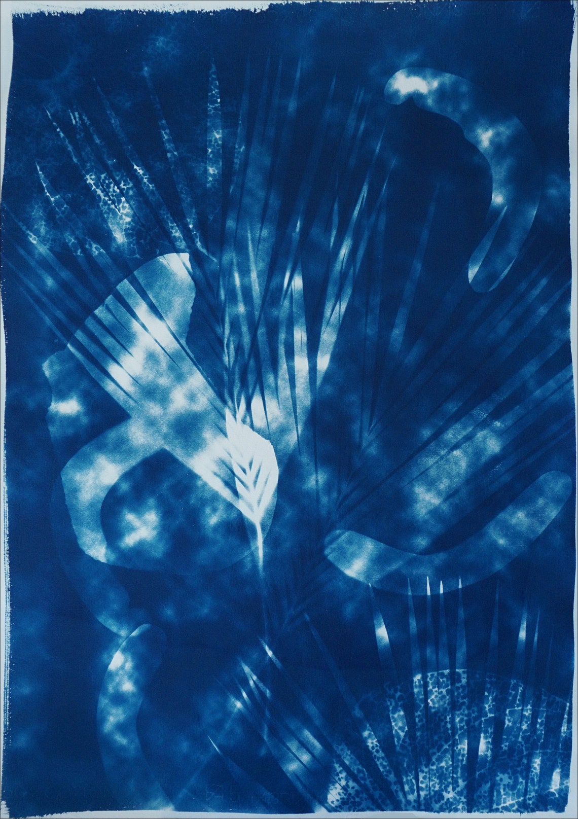 Botanical Cyanotype With Abstract Cloudy Shades on Watercolor - Etsy
