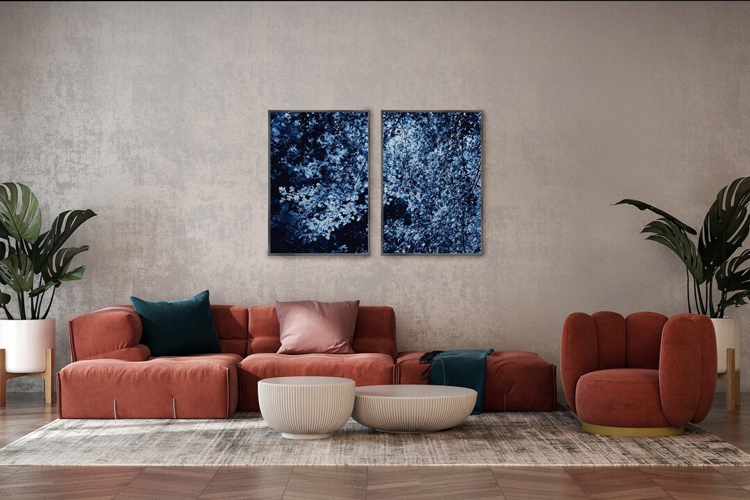 2024, Dark Forest, Abstract Impressionist Diptych in Blue Tones of Tree ...