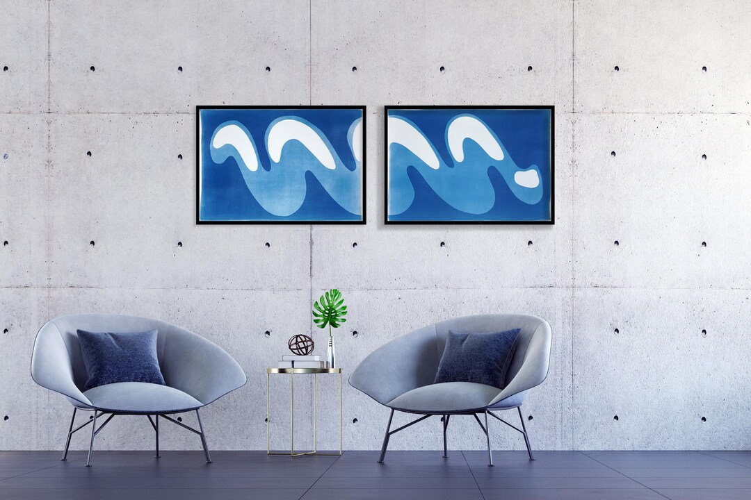 Wave I, Horizontal Diptych in Blue Tones, Organic Shapes, Unique ...