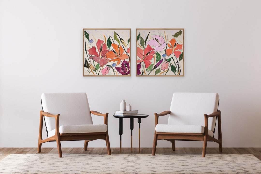 Hibiscus Oasis, Lush Plants and Flowers, Large Diptych, Jurassic Nature ...