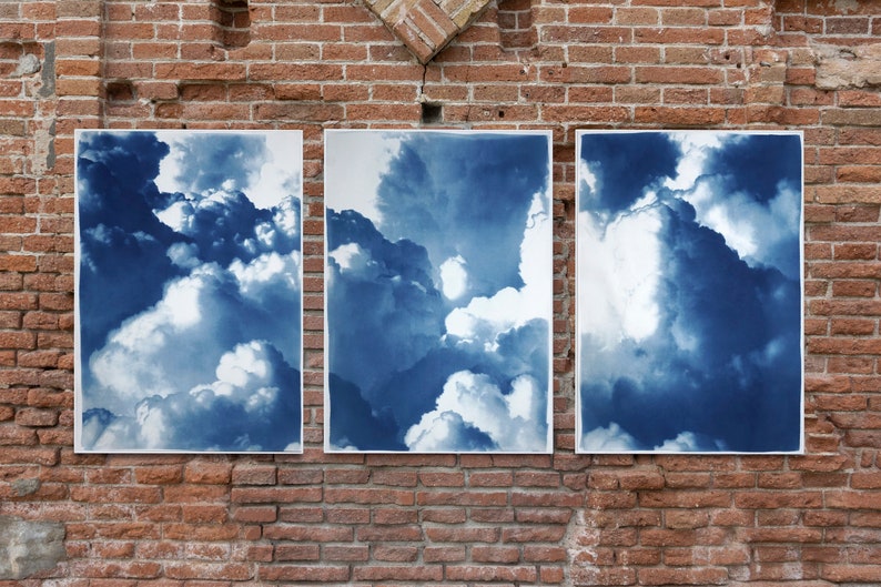 Blue Clouds Cyanotype Triptych, Large Watercolor Paper Print, Limited ...
