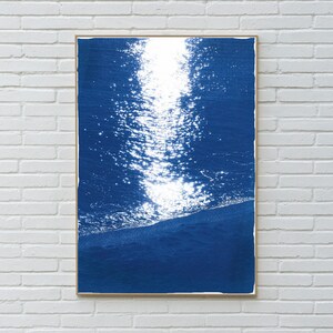 2021, Nautical Cyanotype of Dark Beach Sunrise, Blue and White Seascape ...