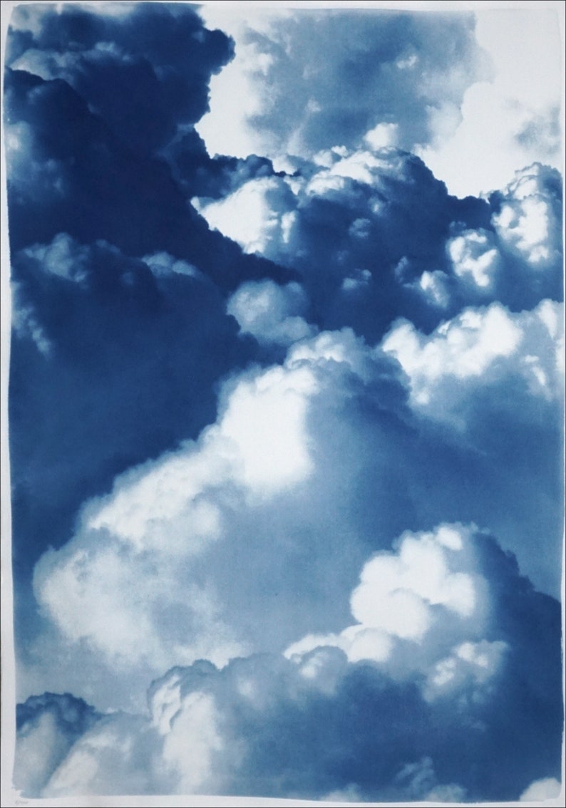 Blue Clouds Cyanotype Triptych, Large Watercolor Paper Print, Limited ...