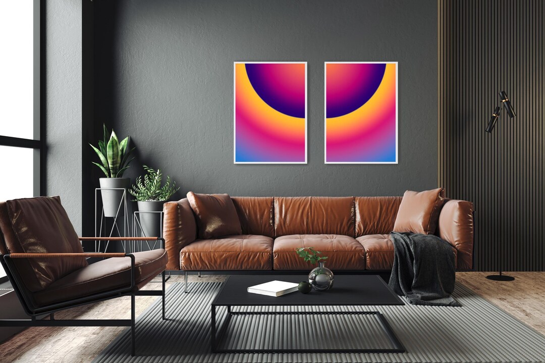 2024, Abstract Sky Scape Diptych of Purple Sunrise, Pink Sky, Space Age ...