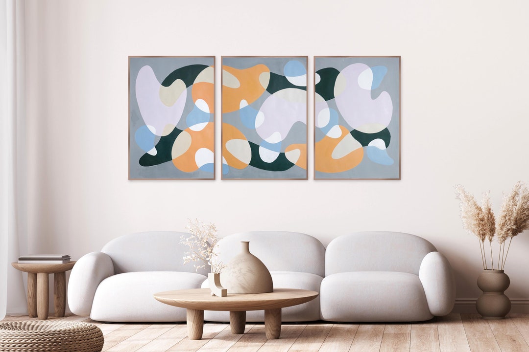 2024, Coral Caves, Large Painting Triptych in Earth Tones, Abstract Gems Forms and ...