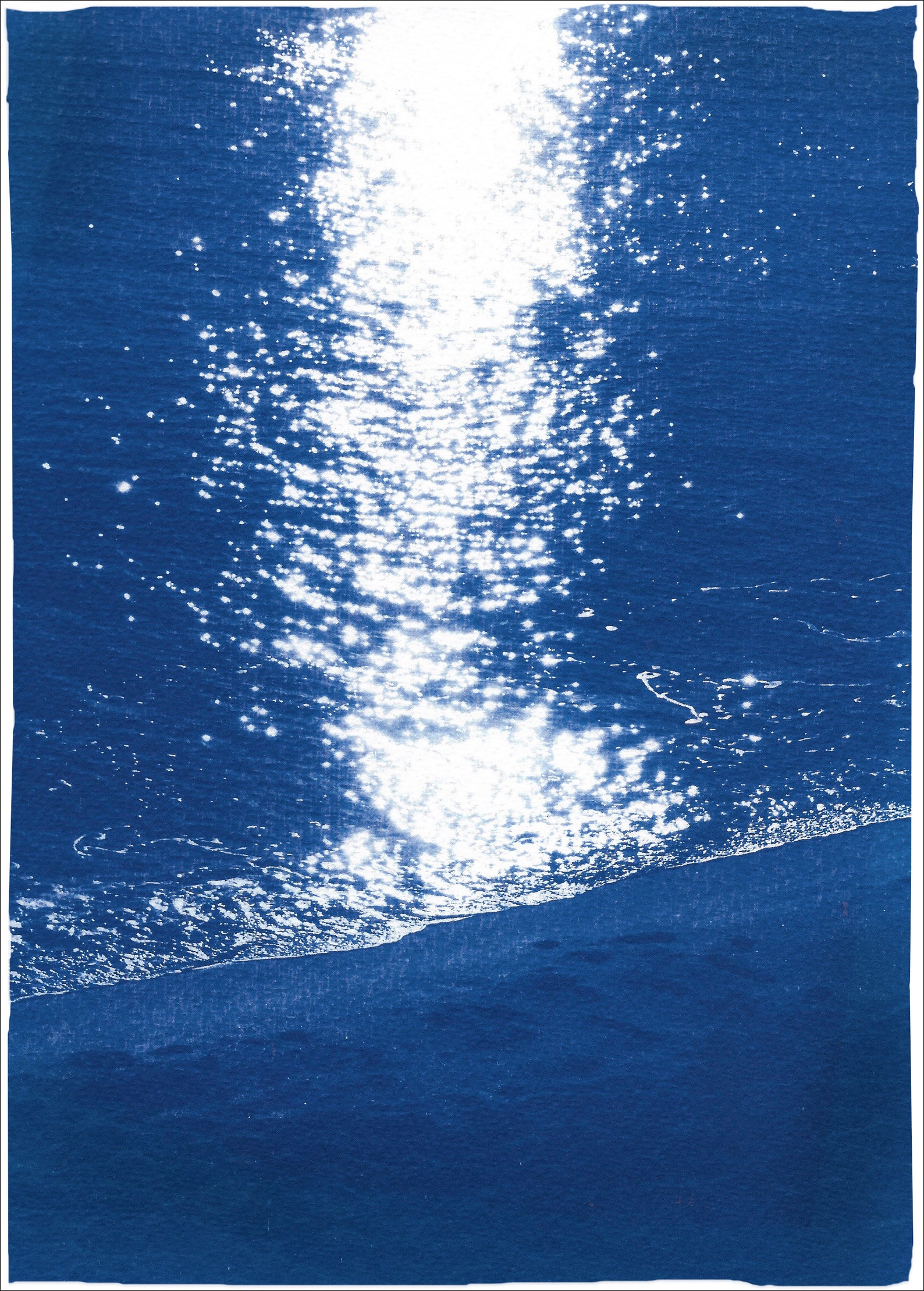 2021, Nautical Cyanotype of Dark Beach Sunrise, Blue and White Seascape ...