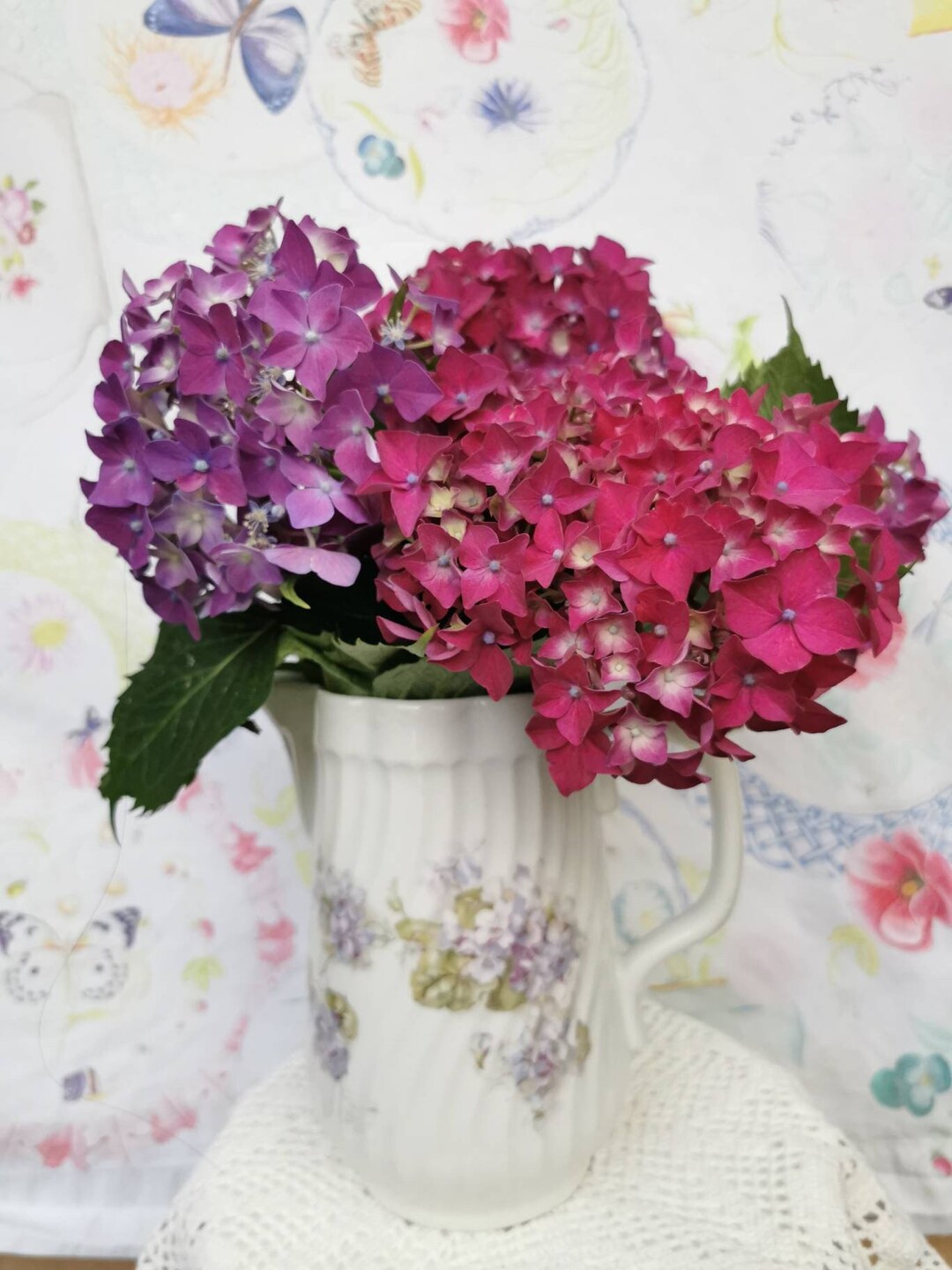 French Brocante Pitcher: Purple Hydrangea Floral Ceramic Watering Can ...