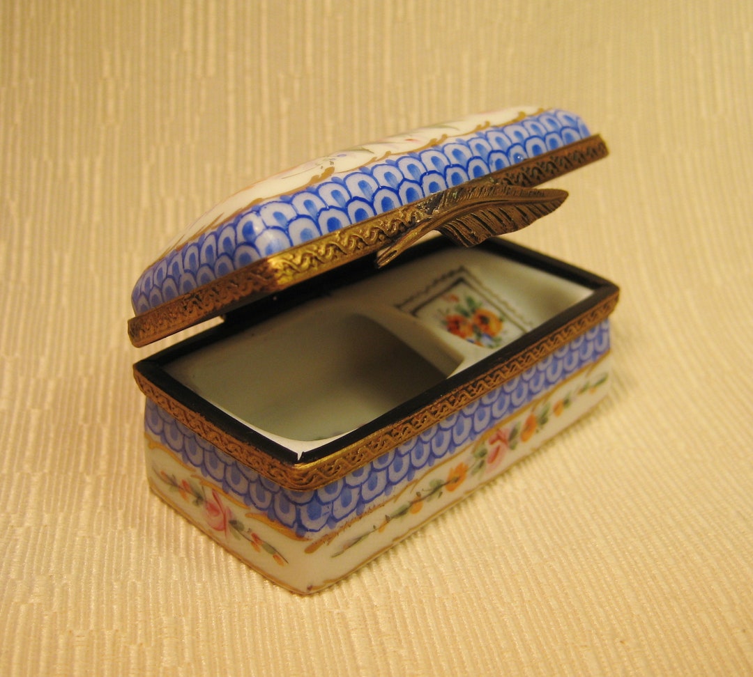 Limoges Porcelain Box in Miniature. Hand Painted. Small Stamps. Blue ...