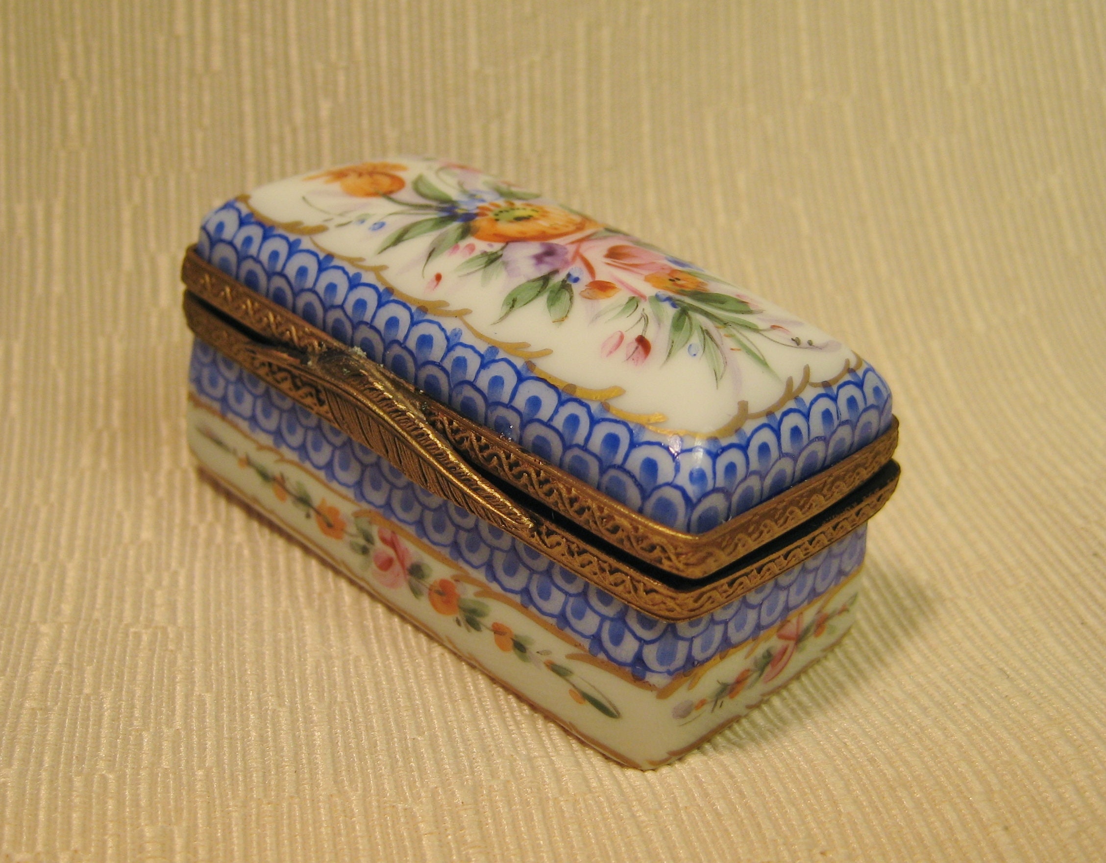 Limoges Porcelain Box in Miniature. Hand Painted. Small Stamps. Blue ...