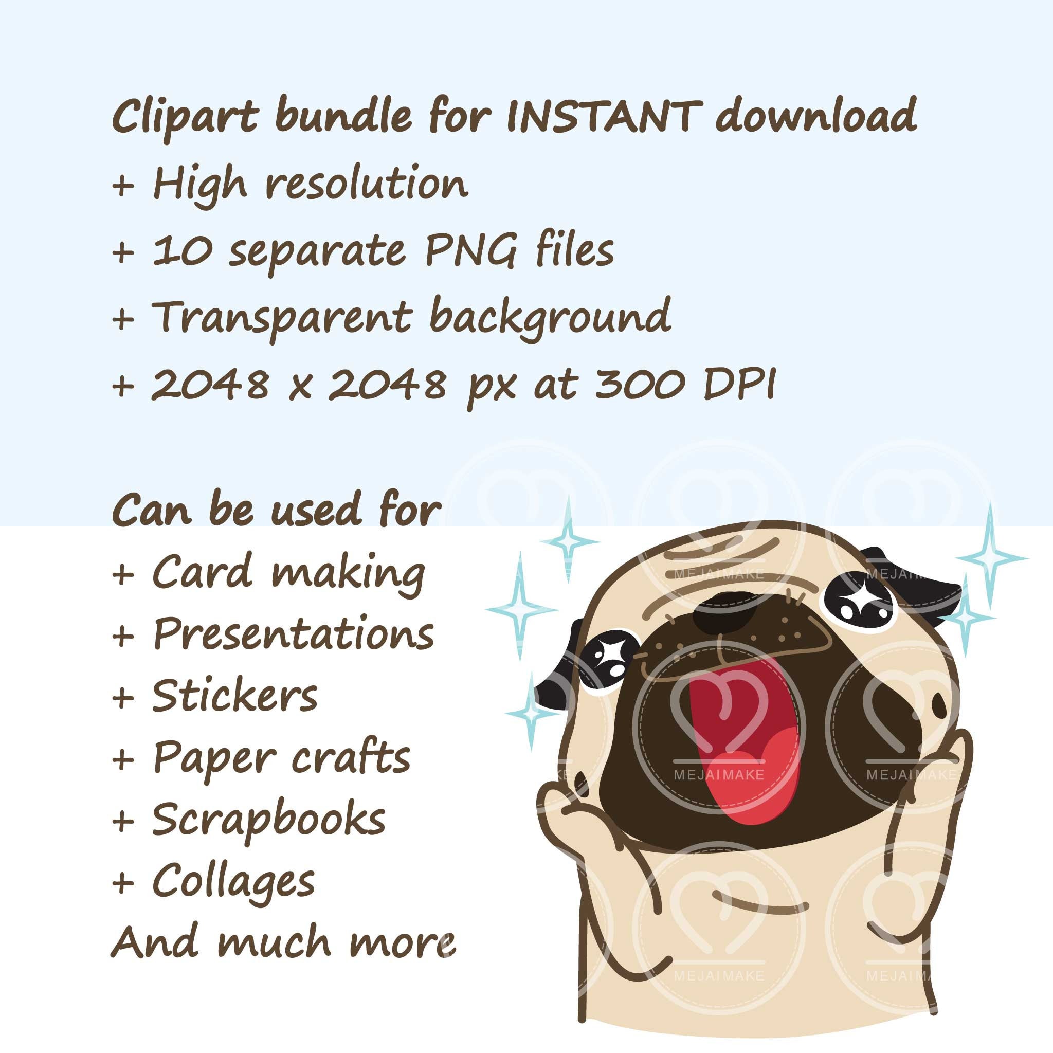 Instant Download. 10 Pug Clipart Bundle. Cute Pug Clipart. Clipart PNG ...