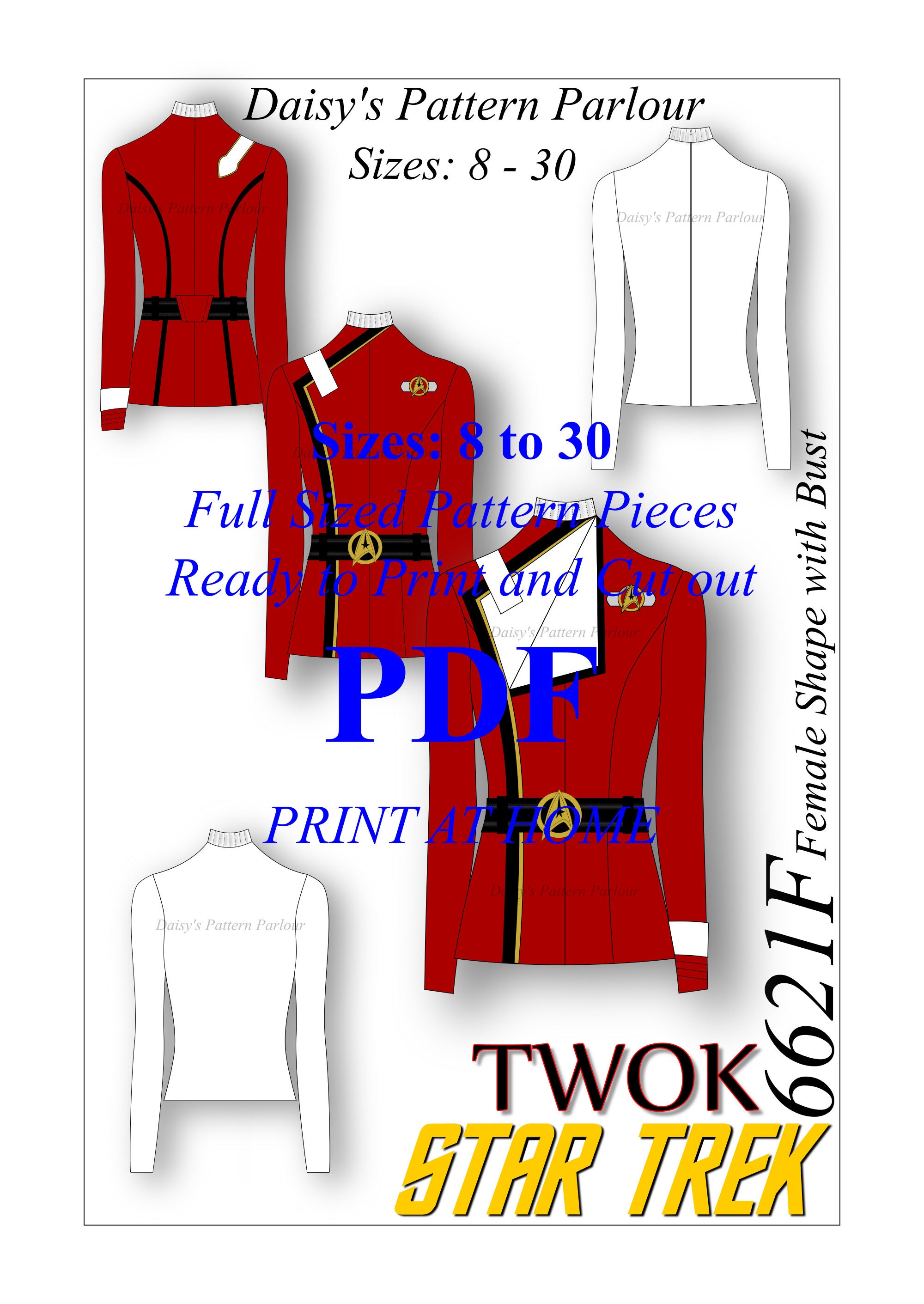 6621f Female Shape PDF Star Trek Sewing Pattern TOS Captain Tunic Uniform TWOK Wrath of Khan ...