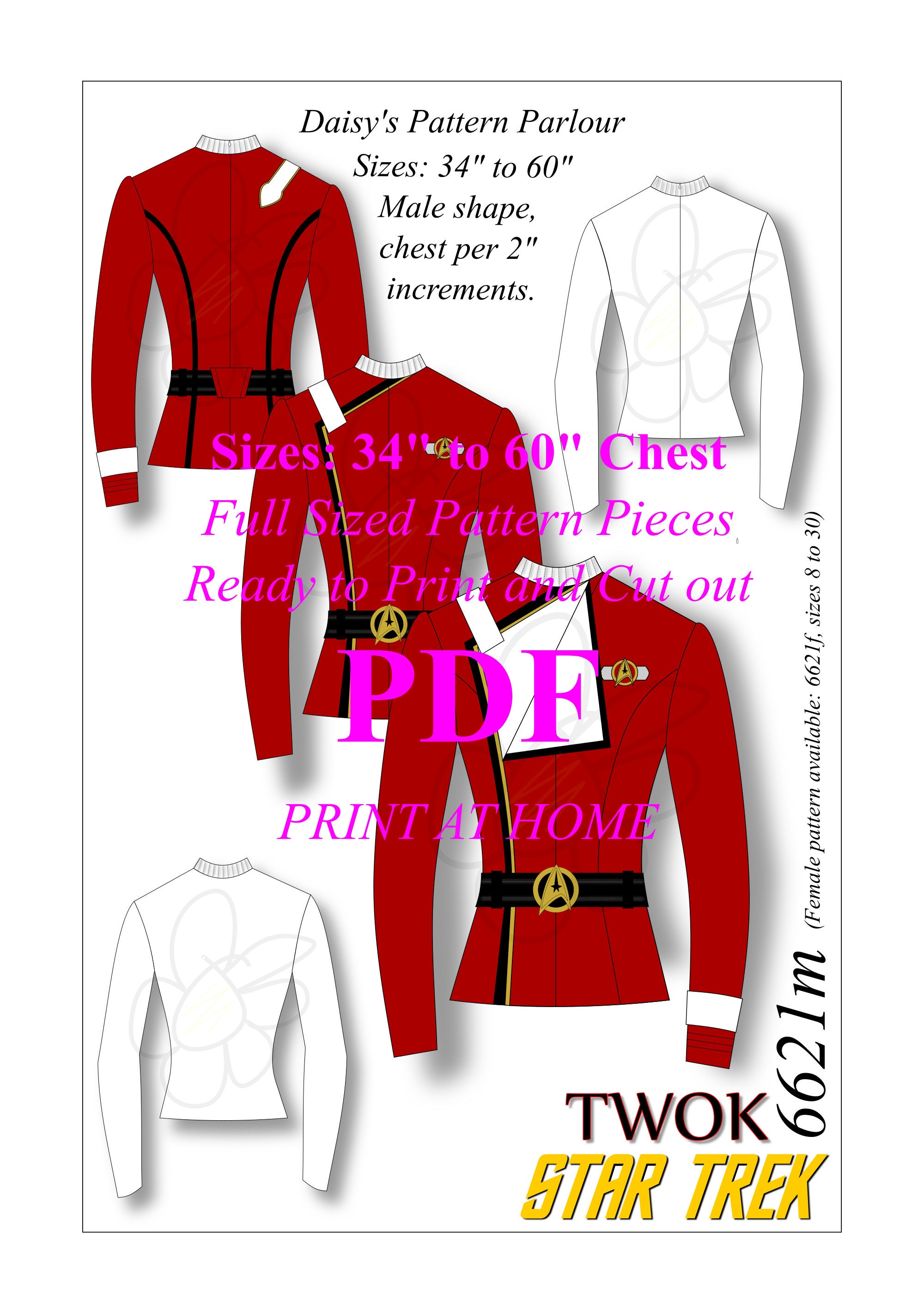 6621m Male Shape PDF Star Trek Sewing Pattern TOS Captain Tunic Uniform TWOK Wrath of Khan ...