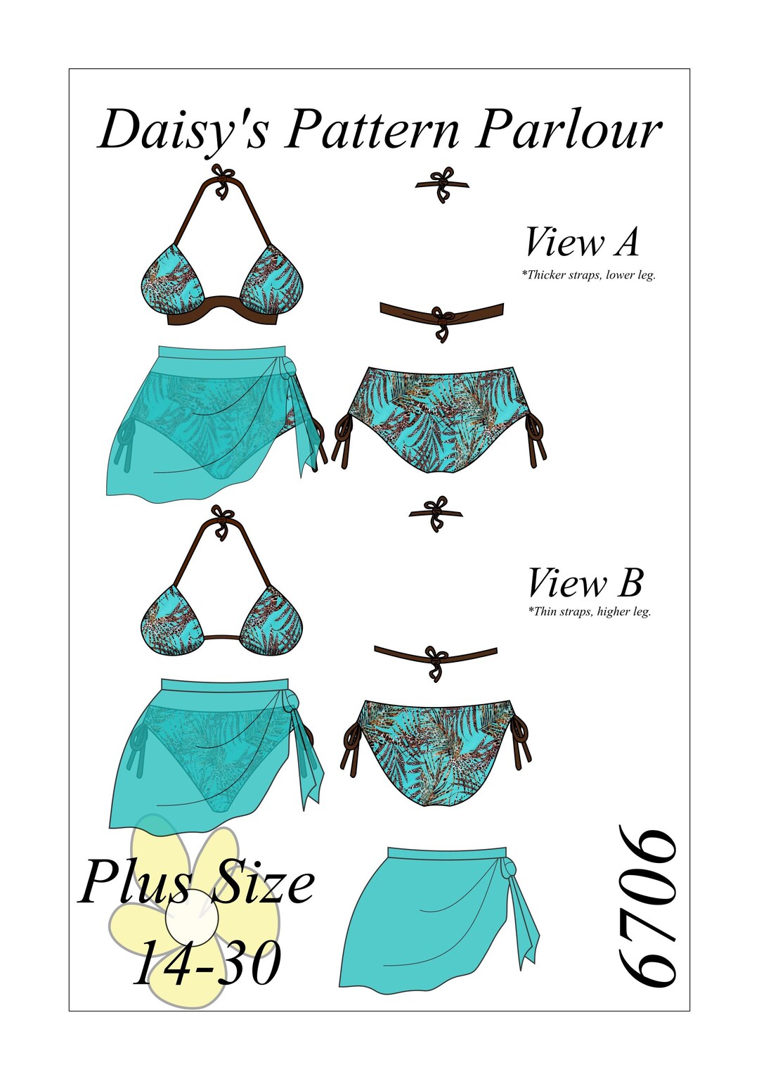 6706 PDF Triangle Bikini Med-high Low Leg Wide Thin Straps Skirt Mock ...