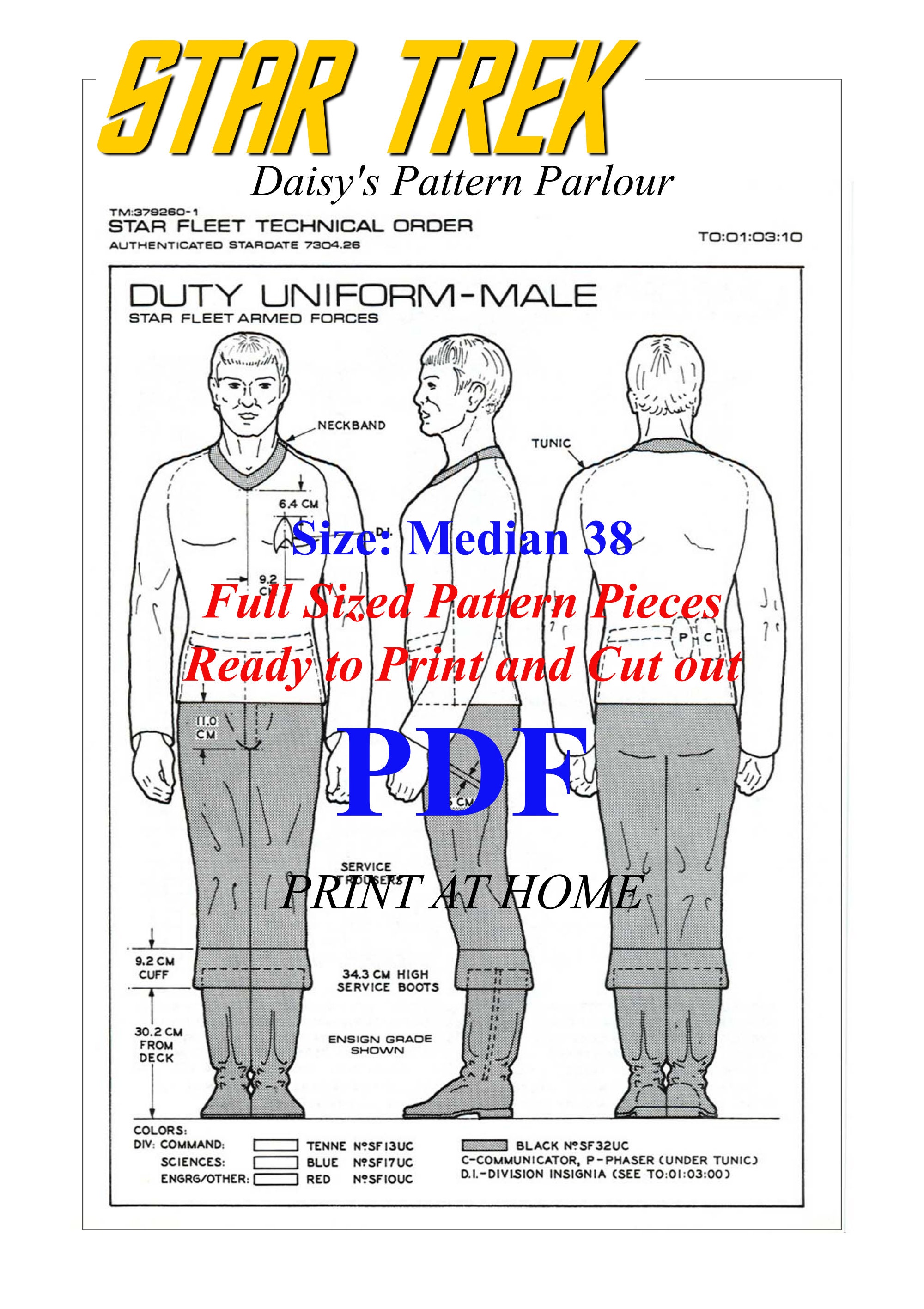 Star Trek Male Duty Size 38 TOP Only PDF Sewing Pattern TOS Eng ...