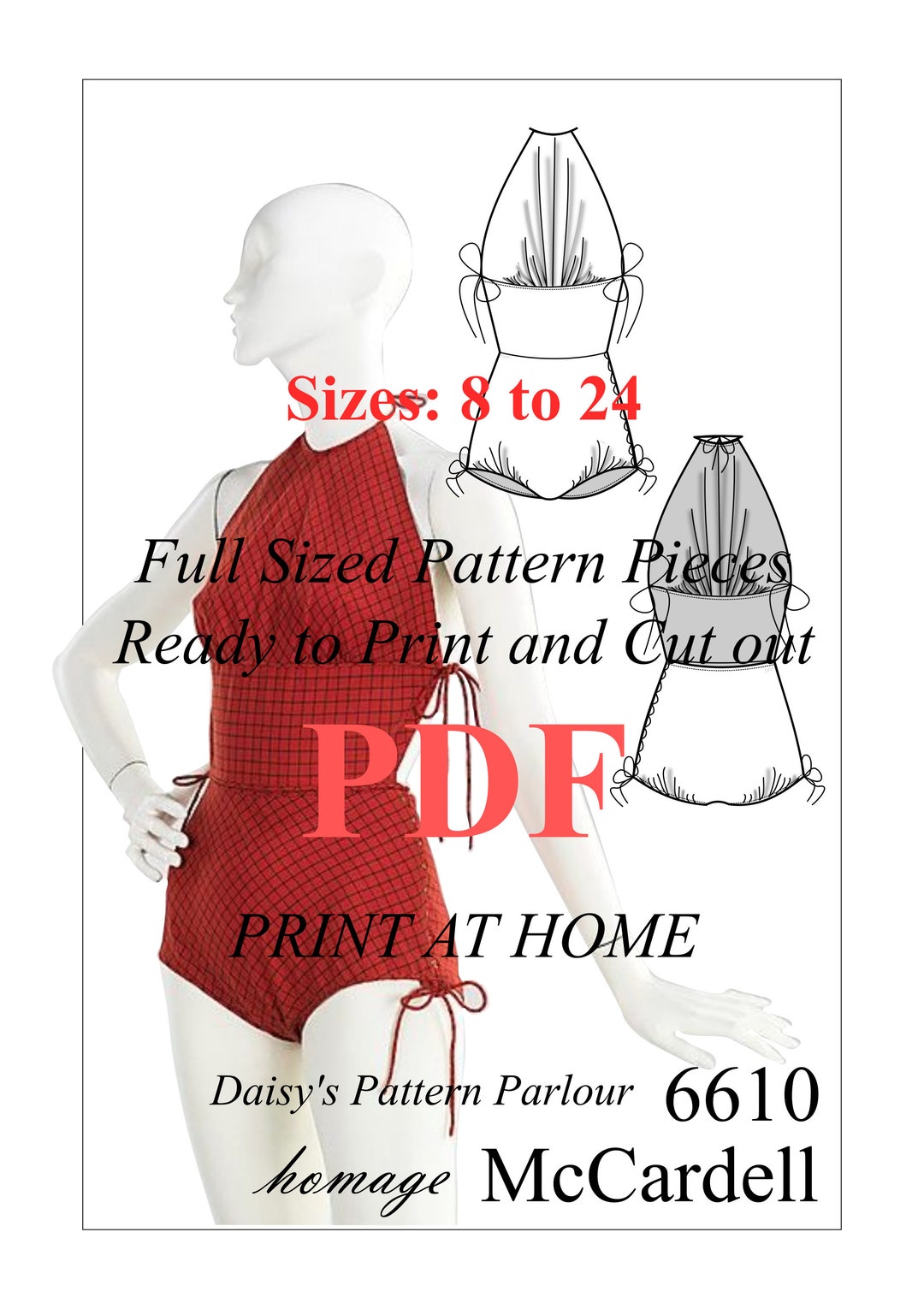 6627 PDF Claire Mccardell Sewing Pattern Sizes 8 to 24 Swimsuit Bather Costume Beach Suit Halter ...