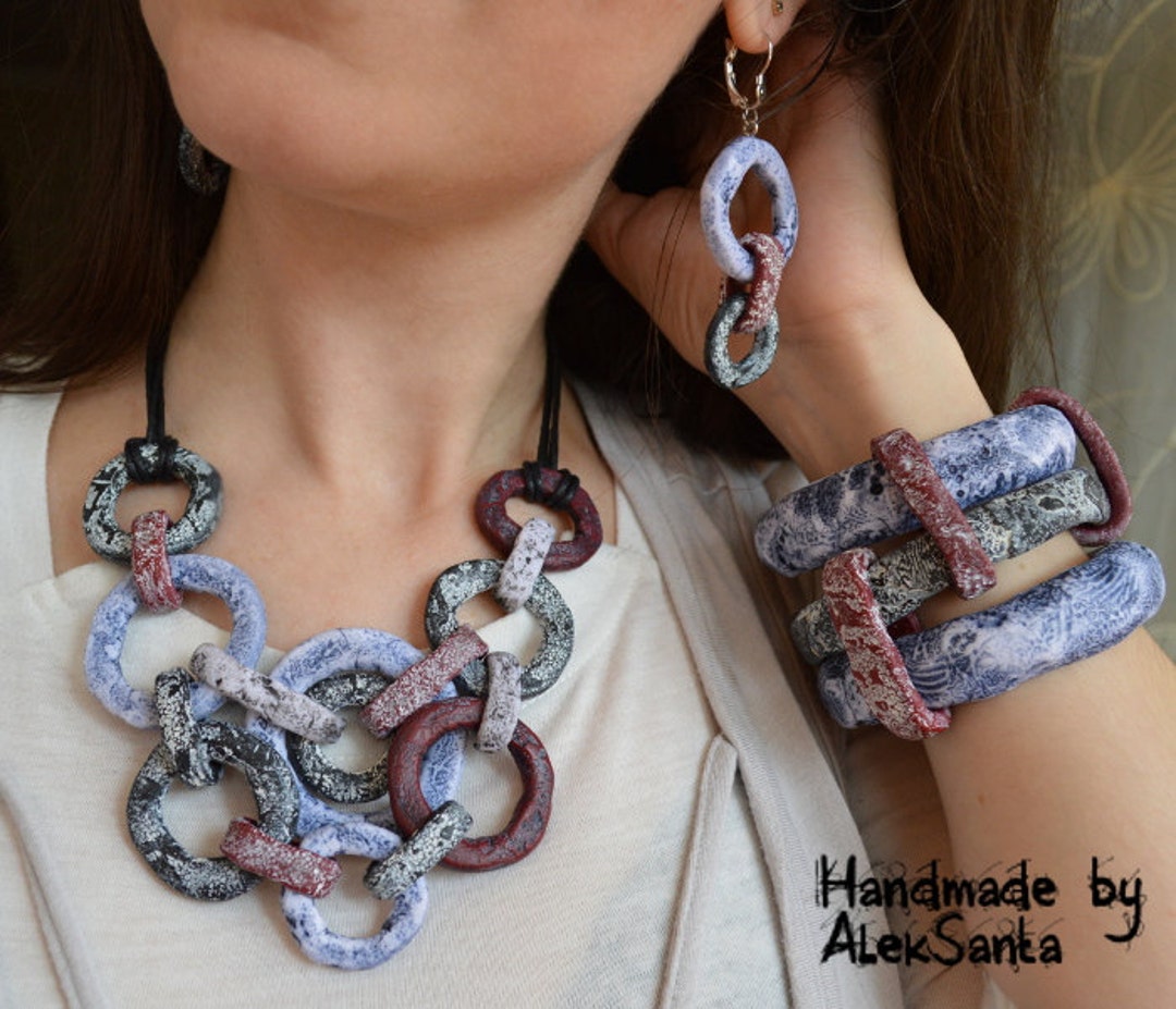 Unusual Statement Boho Jewelry Set - Polymer Clay Bib Necklace Wide ...
