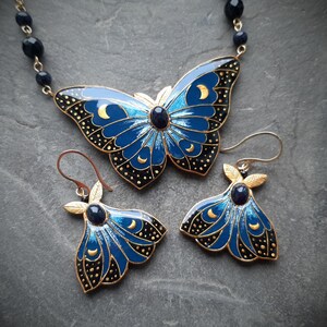 Celestial Moth Jewelry Set: Fantasy Moon Stars Blue & Black Necklace and Earrings With Opals - Etsy