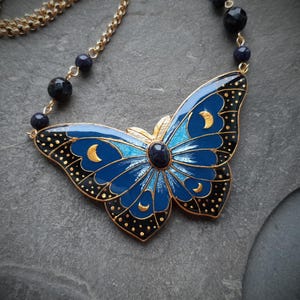 Celestial Moth Jewelry Set: Fantasy Moon Stars Blue & Black Necklace and Earrings With Opals - Etsy