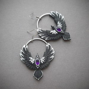 Raven Earrings Black Fantasy Crow Jewelry With Amethyst - Etsy