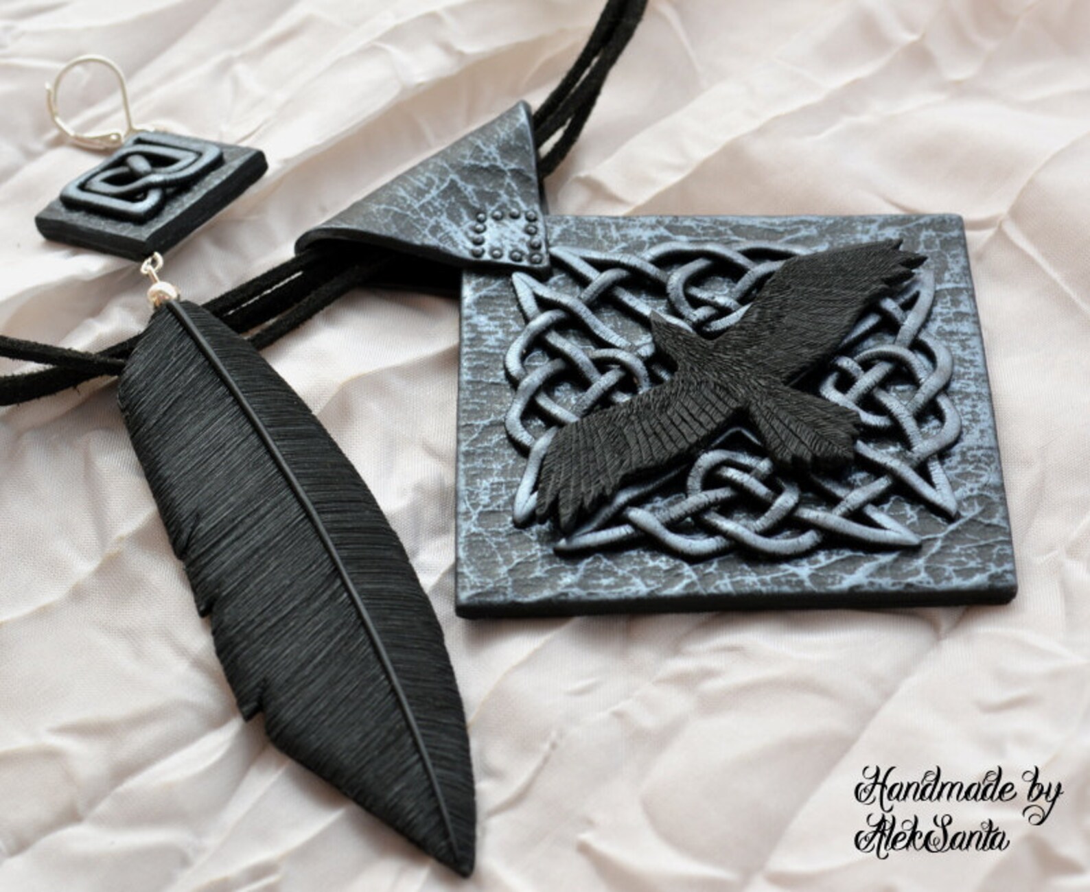 Black Celtic Raven Jewelry Set: Statement Crow Feather Pendant Necklace ...