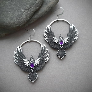 Raven Earrings Black Fantasy Crow Jewelry With Amethyst - Etsy