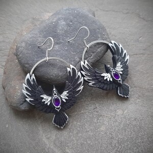 Raven Earrings Black Fantasy Crow Jewelry With Amethyst - Etsy