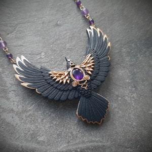 Black Raven Necklace - Fantasy Bird Jewelry With Amethyst - Etsy