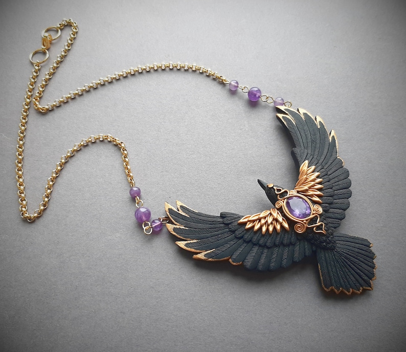 Black Raven Necklace - Fantasy Bird Jewelry With Amethyst - Etsy