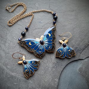 Celestial Moth Jewelry Set: Fantasy Moon Stars Blue & Black Necklace and Earrings With Opals - Etsy