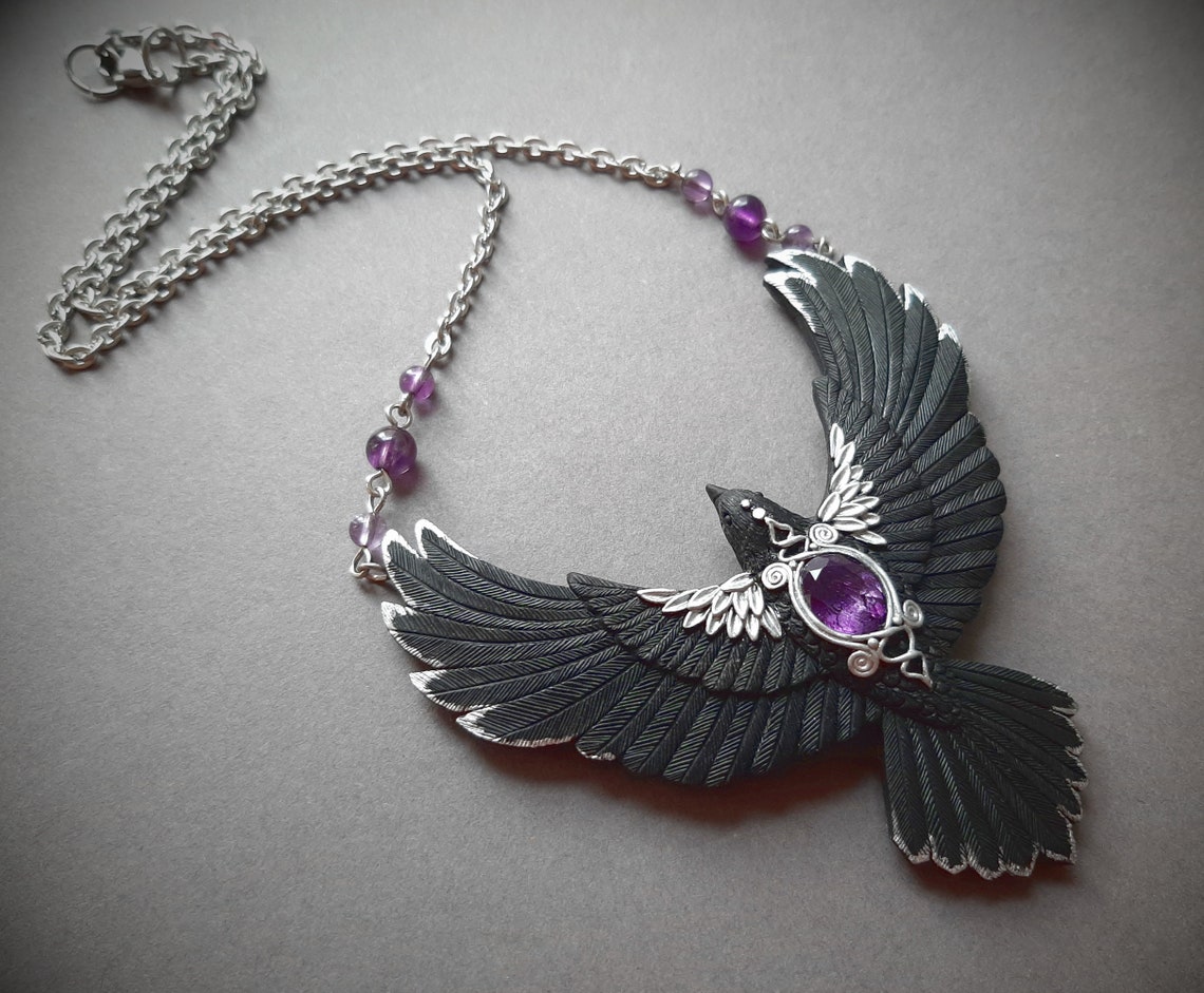 Black Raven Crow Necklace Amethyst Flying Bird Necklace - Etsy