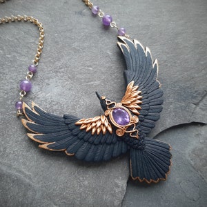 Black Raven Necklace - Fantasy Bird Jewelry With Amethyst - Etsy