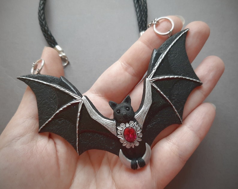 Black Bat Necklace With Crescent Moon and Ruby: Halloween Gothic ...