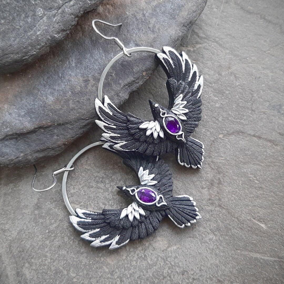 Raven Earrings Black Fantasy Crow Jewelry With Amethyst - Etsy