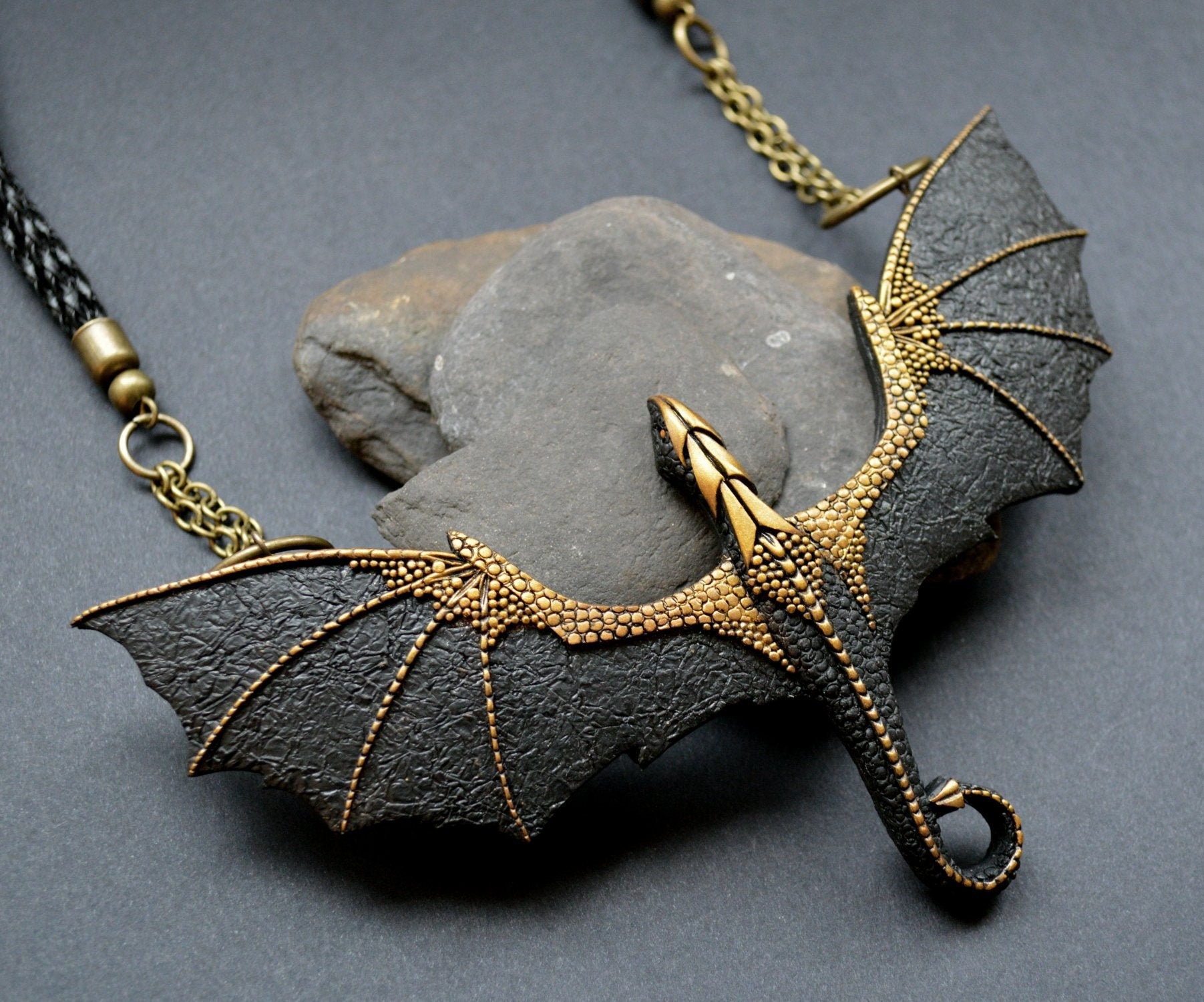 Black winged flying dragon polymer clay necklace Whimsical | Etsy