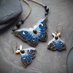 Celestial Moth Jewelry Set: Fantasy Moon Stars Blue & Black Necklace and Earrings With Opals - Etsy