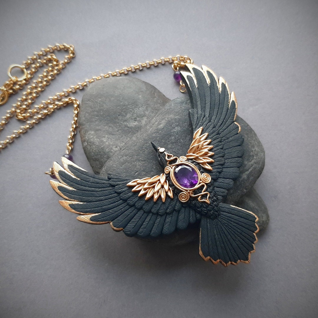 Black Raven Necklace - Fantasy Bird Jewelry With Amethyst - Etsy