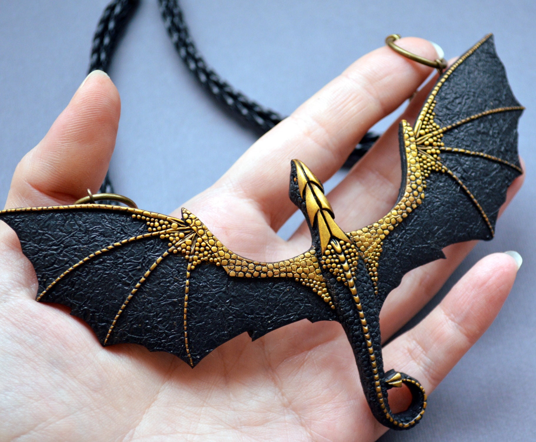 Black winged flying dragon polymer clay necklace Whimsical | Etsy