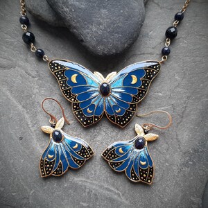 Celestial Moth Jewelry Set: Fantasy Moon Stars Blue & Black Necklace and Earrings With Opals - Etsy