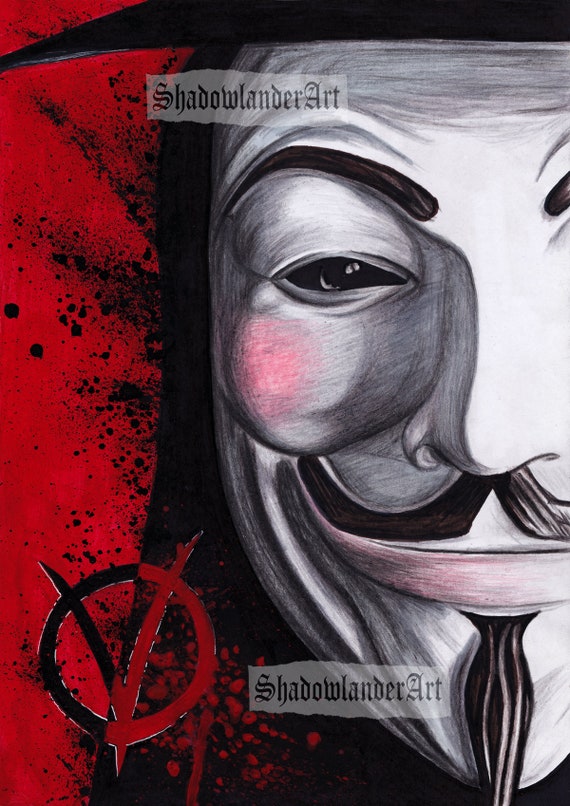 V for Vendetta guy Fawkes Drawing ART PRINT & - Etsy