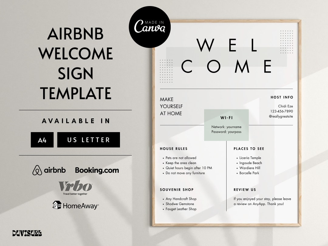 Personalized Host Welcome Sign, Airbnb Guest Guide, Editable Rental ...