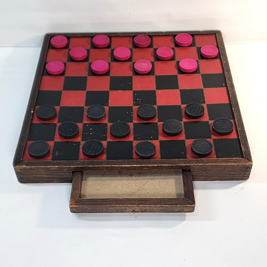 Vintage Wood Checker Board With Drawer and 12 Wood Checkers - Etsy