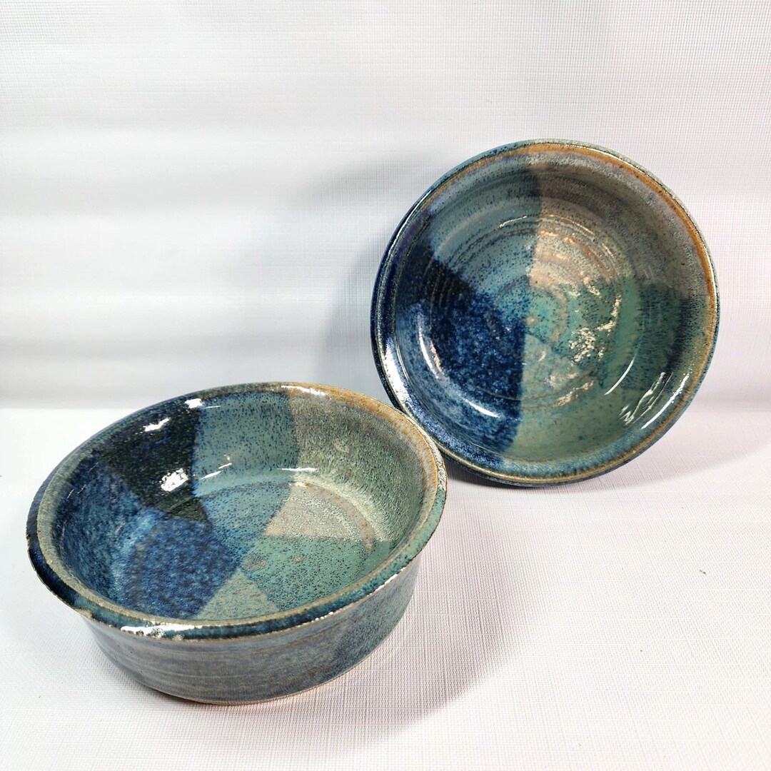 Set of 2 Artisan Pottery Bowls Studio Art Green & Blue Handmade 2001 5 ...