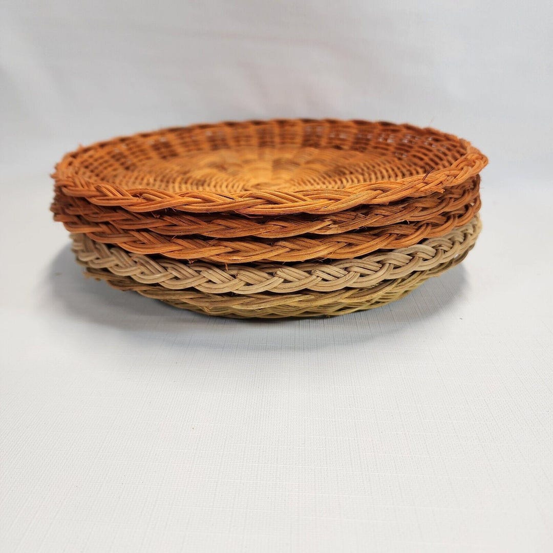 Set of 5 Vintage Wicker Rattan Paper Plate Holders for 9" Plates Orange ...