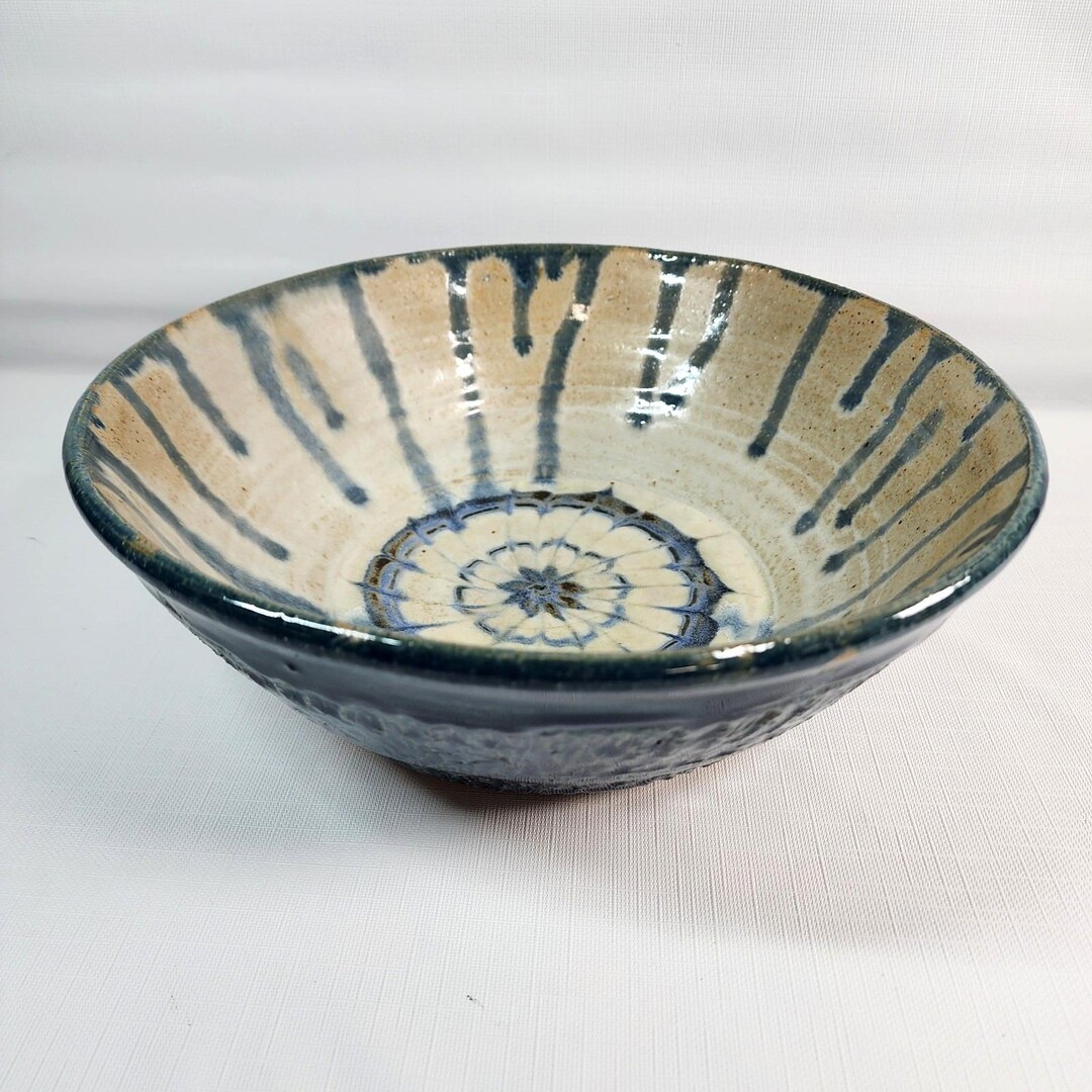 Vintage Studio Art Pottery Stoneware Hand Thrown Large Bowl Blue Drip ...