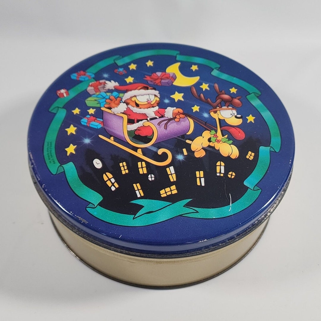 Vintage Garfield the Cat and Odie Christmas Round Metal Tin With Lid ...