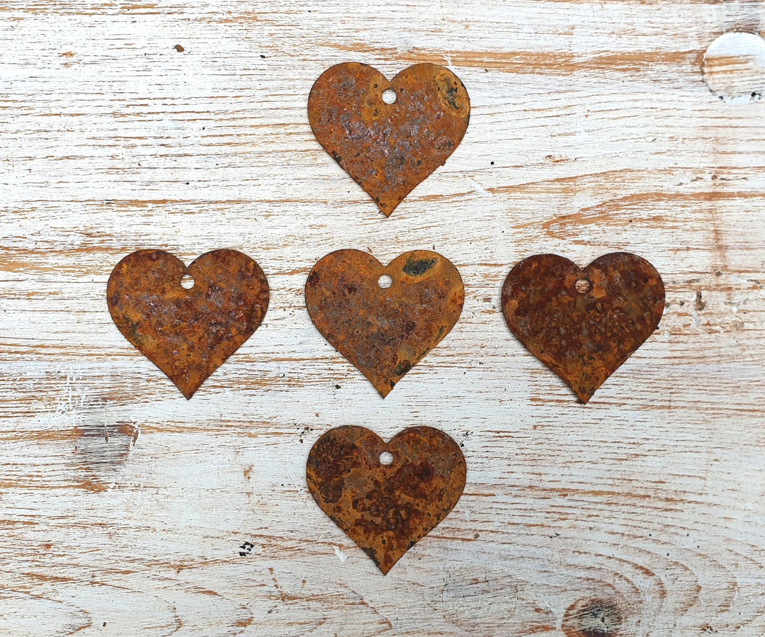 Set of 5 Rusty Hearts / Rust / Flat Metal Heart / Metal / Tiny / Garden ...